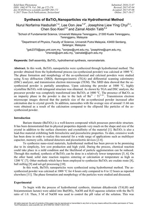 Pdf Synthesis Of Batio3 Nanoparticles Via Hydrothermal Method