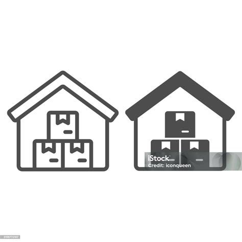 상자 라인과 단색 아이콘이 있는 창고 배송 개념 벡터 그래픽 흰색 배경에 스토리지 건물 및 제품 상자 기호 모바일 또는 웹 디자인용 개요 스타일 아이콘 건물 외관에 대한