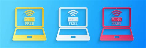 종이 잘라 노트북과 파란색 배경에 격리 무료 Wifi 무선 연결 아이콘 무선 기술 Wifi 연결 네트워크 핫스팟 개념 종이 아트 스타일 벡터 개념에 대한 스톡 벡터 아트 및