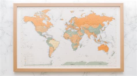 Framed World Map With Push Pins For Travel Tracking On Marble Wall