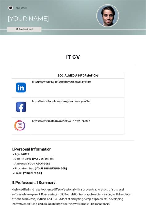 Free It Cv Templates To Edit Online And Download
