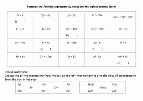 Factoring Linear Expressions Worksheet E Streetlight Com