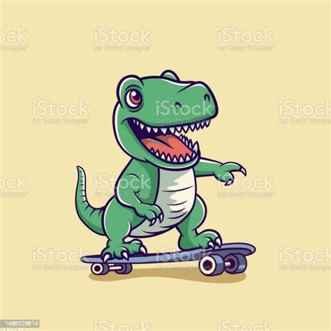 벡터 행복하고 웃는 공룡 만화 녹색 공룡 티라노사우루스 렉스 스케이트보드에 윤곽선이 있는 티렉스 디자인 템플릿 스케이터 공룡