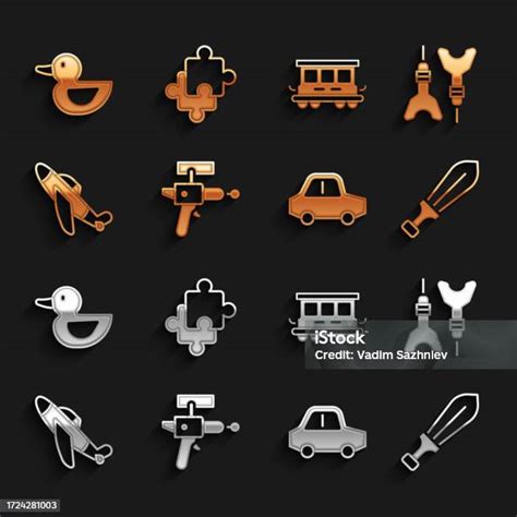 레이 건 다트 화살 칼 장난감 장난감 자동차 비행기 여객 열차 차량 고무 오리 및 퍼즐 조각 아이콘을 설정합니다 벡터 검은색에 대한 스톡 벡터 아트 및 기타 이미지 Istock