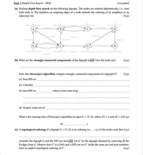 Task 7depth First Search Dfs 13 Points A Perform Depth First Search On The Following Digraph The