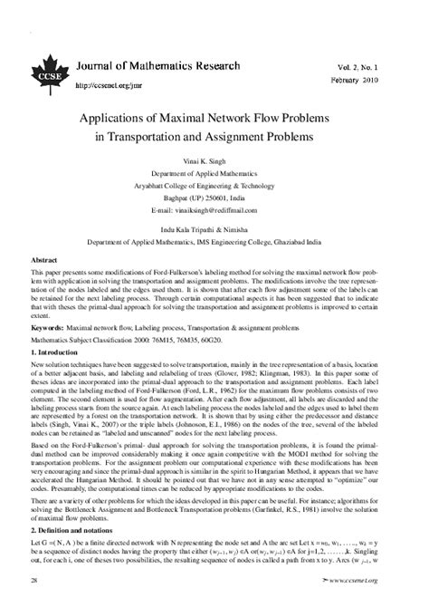 Pdf Applications Of Maximal Network Flow Problems In Transportation