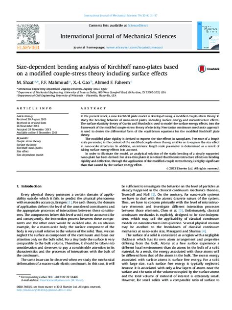 Pdf Size Dependent Bending Analysis Of Kirchhoff Nano Plates Based On A Modified Couple Stress