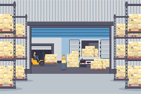 팔레트 지원을위한 금속 랙 및 선반이있는 제품 보관을위한 산업 창고 냉동 트럭에서 하역하는 지게차 트럭 제품의 산업 저장 및 유통 Chamber Of Commerce에 대한