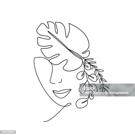 나뭇잎 라인 드로잉 아트 미니멀리즘 스타일과 아름다움 얼굴 여자와 몬스터 잎 벡터 디자인 일러스트레이션 Eps10 가방에 대한 스톡 벡터 아트 및 기타 이미지 Istock