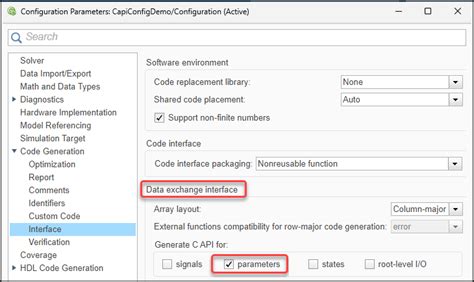 configure model to generate c api code for block parameters matlab