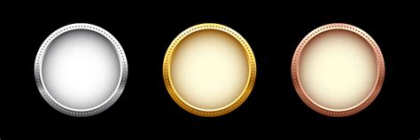 상 금메달 은메달 및 동메달 3d 현실적인 일러스트레이션 첫째 두 번째와 세 번째 장소 메달 또는 검은 배경에 고립 된 버튼 인증 품질 공백 빈 배지 엠블럼 세트 금메달에