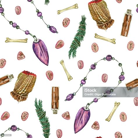 원활한 패턴 운세 용품 수정 진자 훈증용 허브와 양초 룬이 새겨진 돌 모든 것이 수채화로 손으로 그려져 있습니다 직물 및 종이에