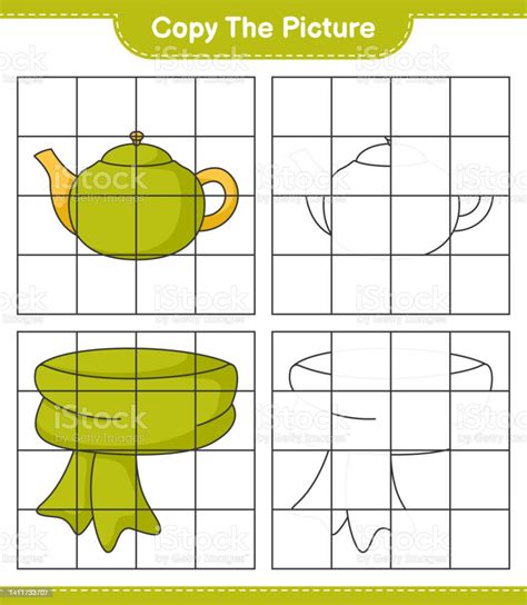 그림을 복사하고 격자선을 사용하여 스카프와 주전자의 그림을 복사하십시오 교육 어린이 게임 인쇄 가능한 워크 시트 벡터 일러스트