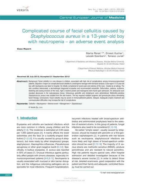 Pdf Complicated Course Of Facial Cellulitis Caused By Staphylococcus