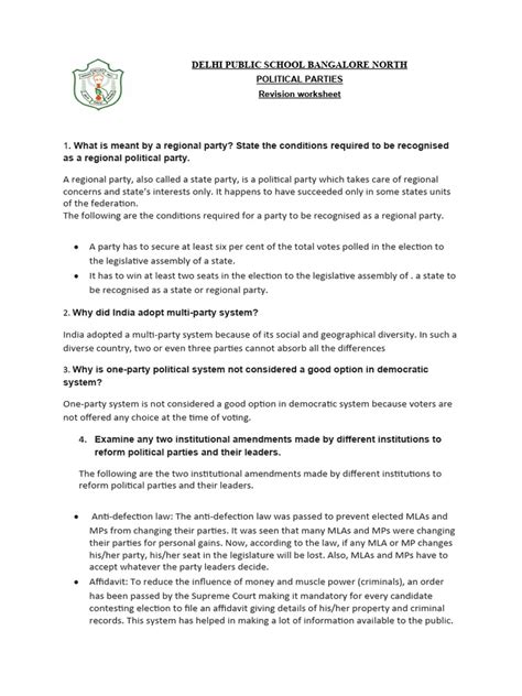Political Parties Class 10 Revision Worksheet Pdf Political Parties