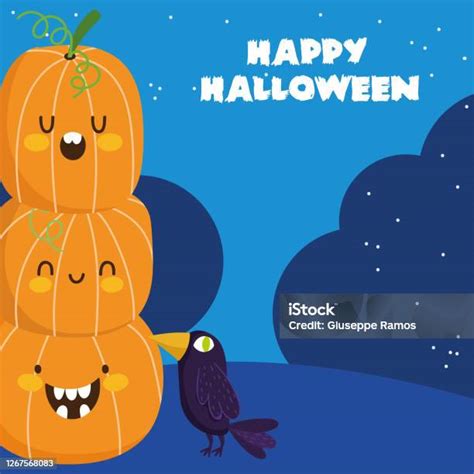 행복한 할로윈 호박과 까마귀 트릭의 스택 또는 파티 축하를 치료 더미에 대한 스톡 벡터 아트 및 기타 이미지 더미 호박 조롱박과 식물 10월 Istock