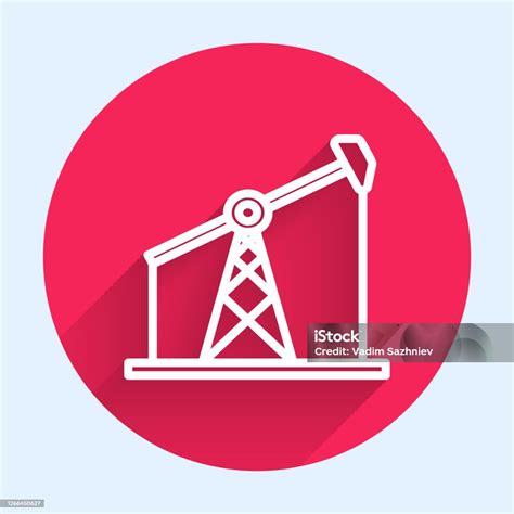 긴 그림자로 격리 된 화이트 라인 오일 펌프 또는 펌프 잭 아이콘 석유 굴착 장치 빨간색 원 버튼입니다 벡터 일러스트레이션 0