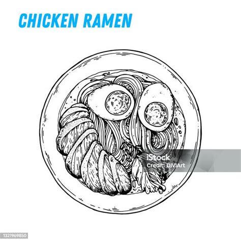 치킨 라면 손 그려진 그림 스케치 스타일입니다 맨 위 보기입니다 빈티지 벡터 일러스트레이션 닭고기와 달걀을 곁들인 라면 수프 Washoku에 대한 스톡 벡터 아트 및 기타