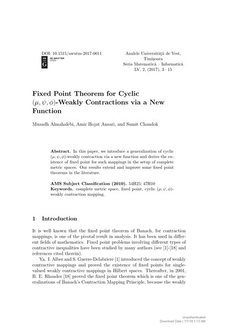 Pdf Fixed Point Theorem For Cyclic μ ψ φ Weakly Contractions Via