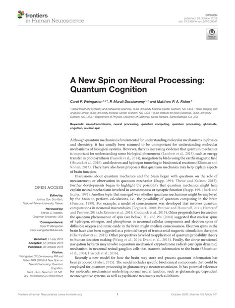 Pdf A New Spin On Neural Processing Quantum Cognition
