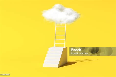 노란색 배경에 사다리와 계단으로 떠있는 흰색 구름의 최소한의 개념 적 장면 3d 렌더링 구름에 대한 스톡 사진 및 기타 이미지 구름 계단 사다리 Istock