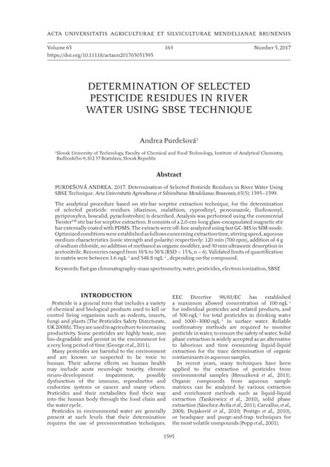 Pdf Determination Of Selected Pesticide Residues In River Water Using Sbse Technique