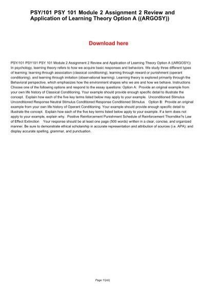 Psy101 Psy 101 Module 2 Assignment 2 Review And Application Of Learning Theory Option A Argosy