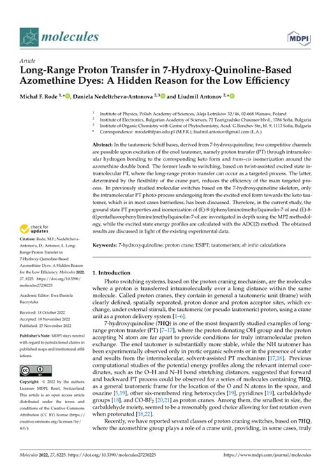 Pdf Long Range Proton Transfer In 7 Hydroxy Quinoline Based Azomethine Dyes A Hidden Reason