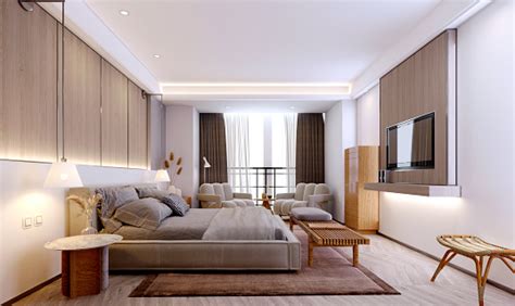 3d 렌더링 3d 일러스트레이션 인테리어 장면 및 모형 침실 인테리어 3d 렌더링 나무로 장식 된 헤드 보드 웜 라이트에 대한 스톡 사진 및 기타 이미지 Istock