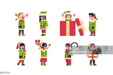 설정된 믹스 레이스 엘 프 소녀 소년 산타 도우미 컬렉션 메리 크리스마스 휴일 새 해 개념 평면 수평 분리 12월에 대한 스톡 벡터 아트 및 기타 이미지 Istock