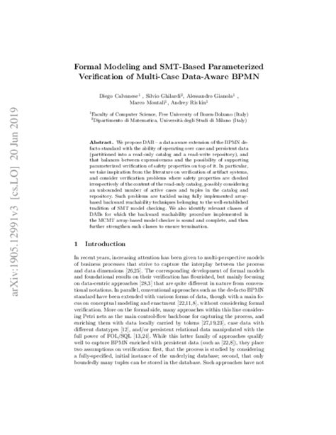 Pdf Formal Modeling And Smt Based Parameterized Verification Of Multi Case Data Aware Bpmn