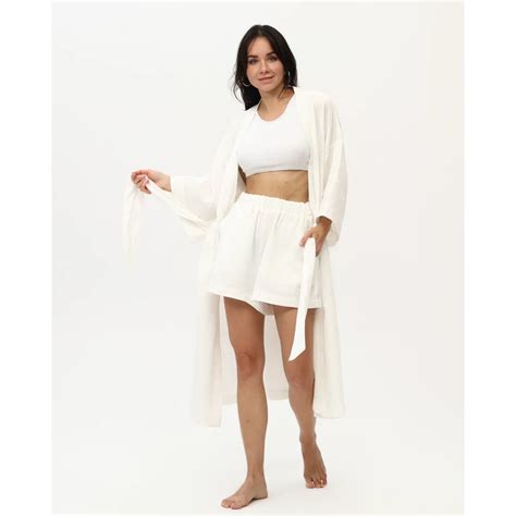 Pinuts Kırık Beyaz Pamuk Uzun Geniş Kalıp Unisex Kimono Şort Takım Hipicon