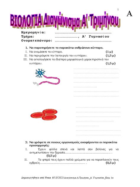 Βιολογία Α Γυμνασίου Διαγώνισμα Κεφάλαιο 1ο Η οργάνωση της ζωής A 2020 Pdf
