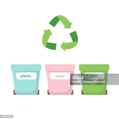 폐기물 선별 세 가지 다른 쓰레기통 플라스틱 종이 및 유리그림 개념 제로 폐기물 재활용 아이콘에 대한 스톡 벡터 아트 및 기타