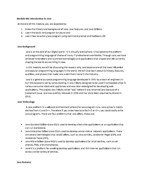 Module 001 Intro To Java Programming Concepts And Structure Studocu