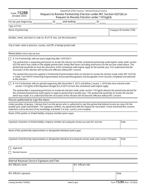 Irs Form 15288 Download Fillable Pdf Or Fill Online Request To Revoke Partnership Election Under