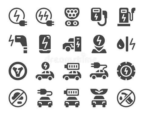 Electric Car Ev Car Solid Icon Set Stock Vector Illustration Of