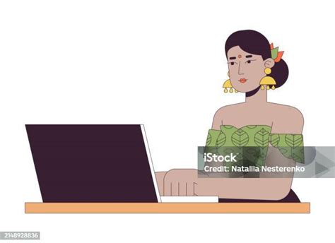 노트북 2d 선형 만화 캐릭터에서 작업하는 인도 여자 2차 도형에 대한 스톡 벡터 아트 및 기타 이미지 2차 도형 가공의 인물 그리기 Istock