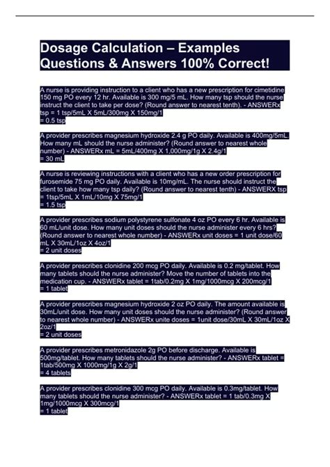 Dosage Calculation Examples Questions And Answers 100 Correct Dosage Calculation Stuvia Us