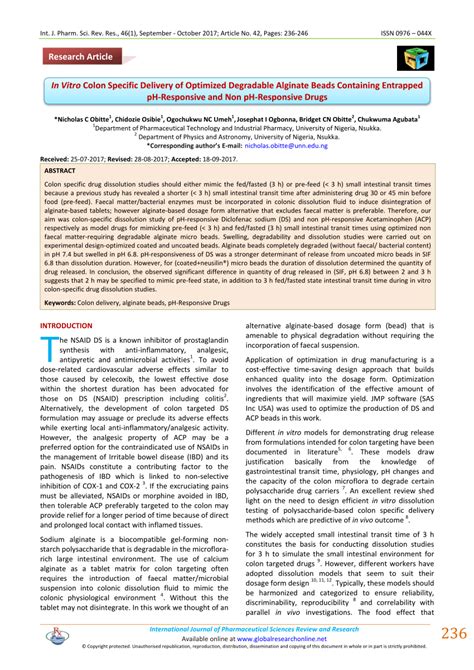 Pdf In Vitro Colon Specific Delivery Of Optimized Degradable Alginate Beads Containing