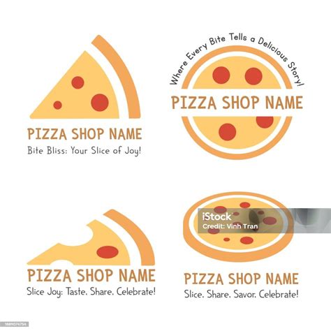 다양한 피자 로고 세트 브랜드 태그라인 전체 슬라이스 아이소메트릭 스타일의 4가지 디자인 독특한 피자 브랜딩을 위한 다재다능한 벡터 아트 최대 시각적 효과를 위한 클립아트