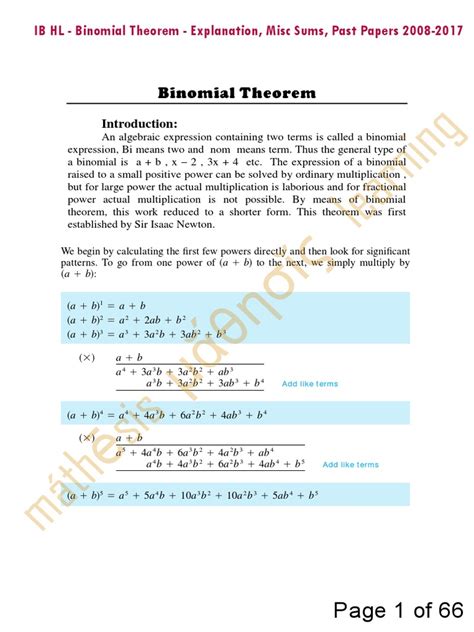 Binomial Theorem Workbook Misc P1 P2 2008 To 2017 Ib Hl Maths Pdf Teaching Mathematics