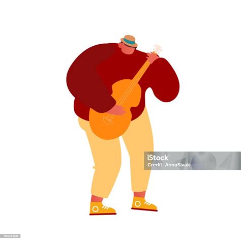 흰색 배경에 고립 된 어쿠스틱 기타를 연주 전체 높이 젊은 남자 남성 팝 뮤지션 캐릭터 기타리스트 Virtuoso 음악 플레이어 공연 에 도시 거리 만화 플랫 벡터 일러스트