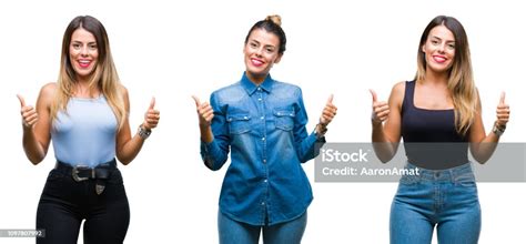 격리 된 배경 성공 기호 손으로 긍정적인 제스처를 하 고 웃 고 행복 한 엄지손가락에 아름 다운 젊은 여자 콜라주 쾌활 한 식 우승자 제스처와 카메라를 보면 구도에 대한