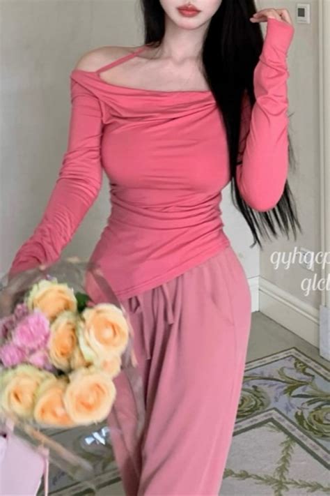 핑크프릴 Set 지안 오프숄더 긴팔 롱슬리브 불규칙한 슬리밍 셔링 탑 캐주얼 와이드 팬츠 투피스 세트