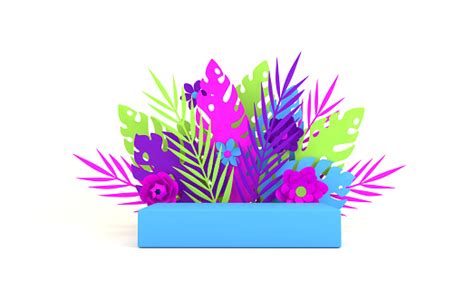 열대 종이 손바닥 몬스타 나뭇잎과 꽃 프레임 제품 프리젠 테이션을위한 연단 플랫폼 여름 열대 잎입니다 종이 접기 이국적인 정글