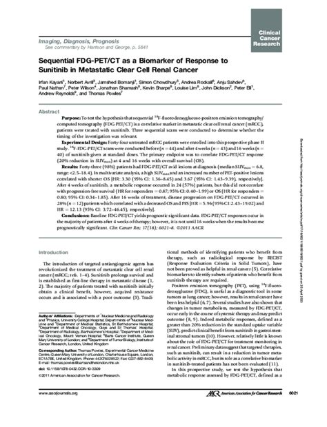 Pdf Sequential Fdg Petct As A Biomarker Of Response To Sunitinib In