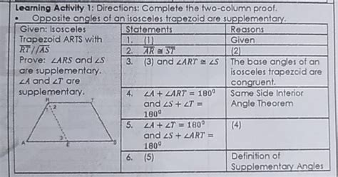 Solved Learning Activity 1 Directions Complete The Two Column Proof Opposite Angles Of Given