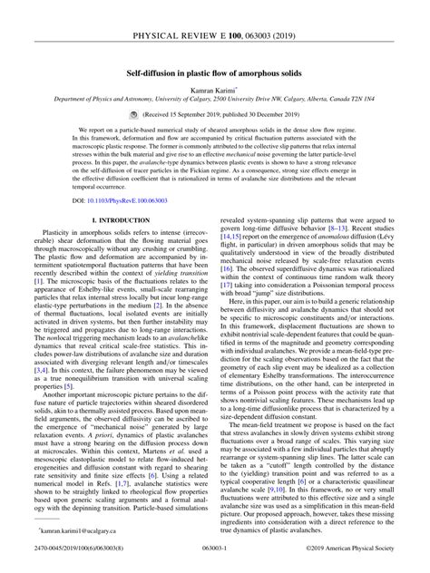 Pdf Self Diffusion In Plastic Flow Of Amorphous Solids