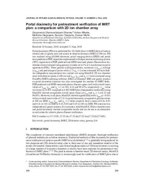 Pdf Portal Dosimetry For Pretreatment Verification Of Imrt Plan A Comparison With 2d Ion